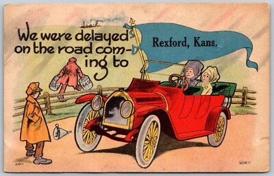 Postcard KS Rexford Kansas Delayed On The Road Banner Flag Car Comic ...