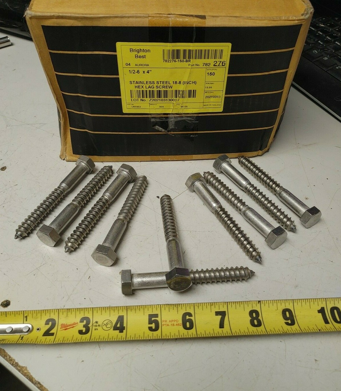 Ten ~ 1/2"-6 x 4" 304 Stainless Steel 18-8 Hex Lag Screws - Brighton ...