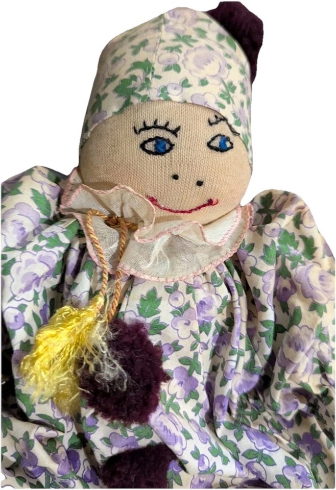Vtg Handmade Rag Doll Clown Floral Jester Embroidered Face Soft ...