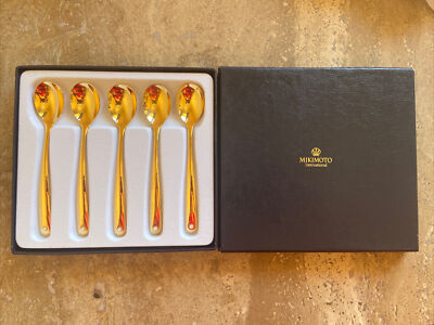 MIKIMOTO International Gold Plate Spoons with Pearls - Set of 5 in ...