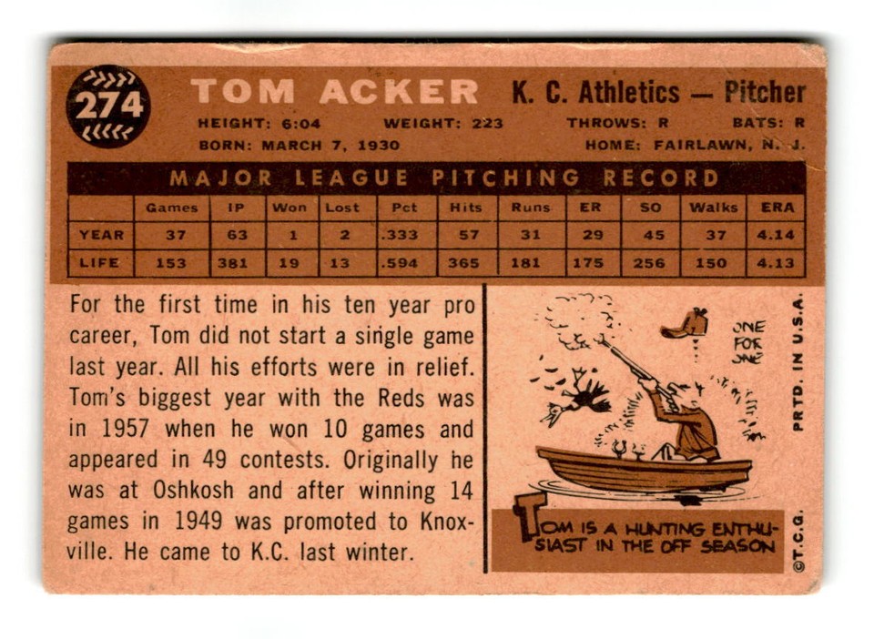 1960 Topps Tom Acker #274 Kansas City Athletics Baseball Card | eBay