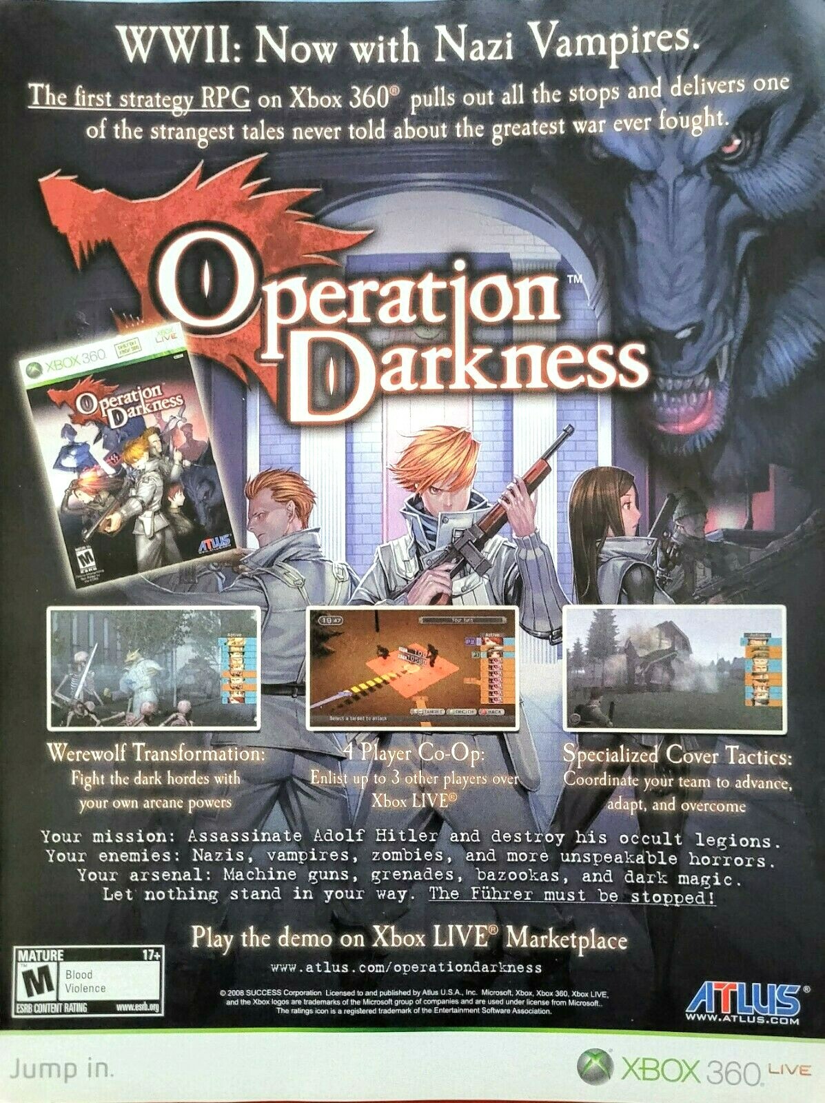 RARE! 2008 OPERATION DARKNESS Xbox 360 Video Game = Promo Art Print AD ...