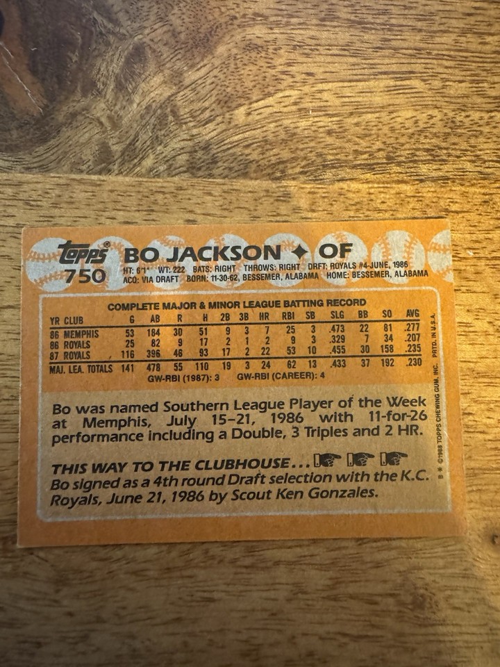 1988 topps- Bo Jackson #750 Error Card - Rare | eBay