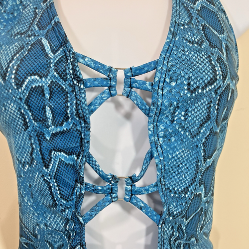 Blue Snake Skin Halter Monokini Women One Piece Swimsuit Tummy Cut Out ...