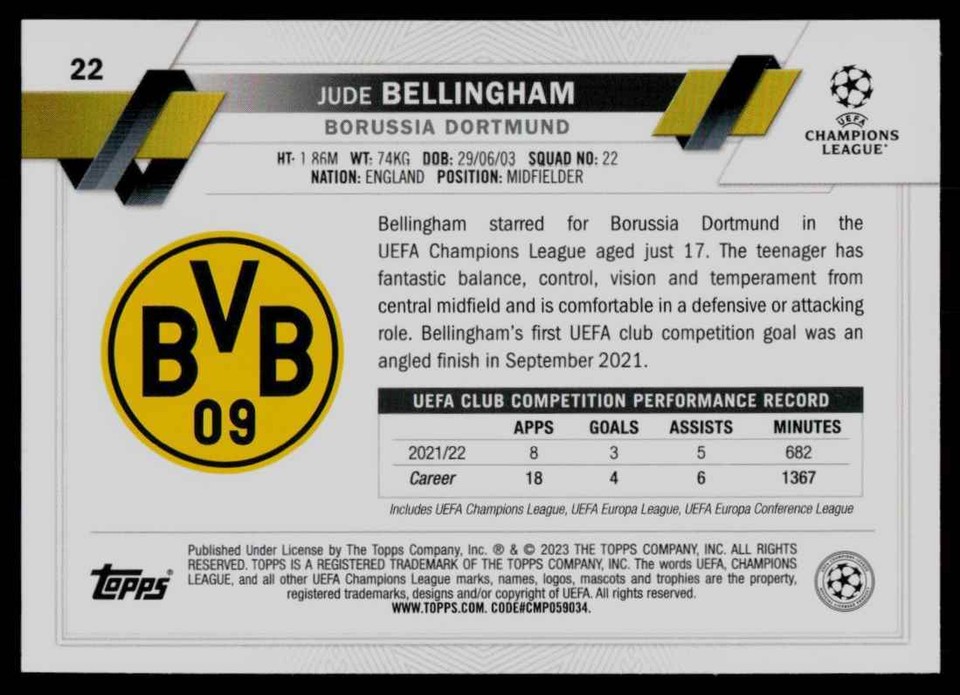 Jude Bellingham 2022 Topps UEFA #22 Borussia Dortmund | eBay