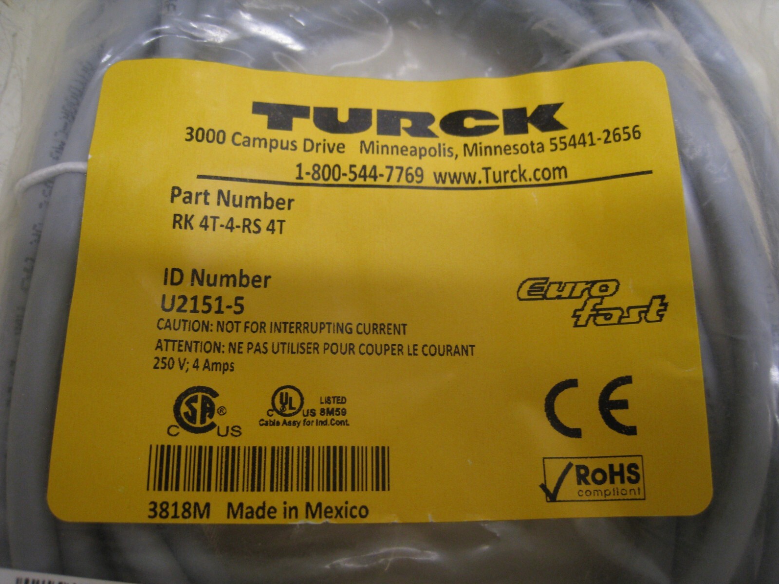 NEW Turck RK 4.T-4-RS 4.4T / U2173-5 M12 Eurofast Molded Cordset FREE ...