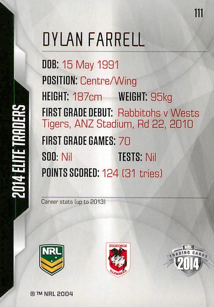2014 ST GEORGE ILLAWARRA DRAGONS NRL Card DYLAN FARRELL Elite | eBay