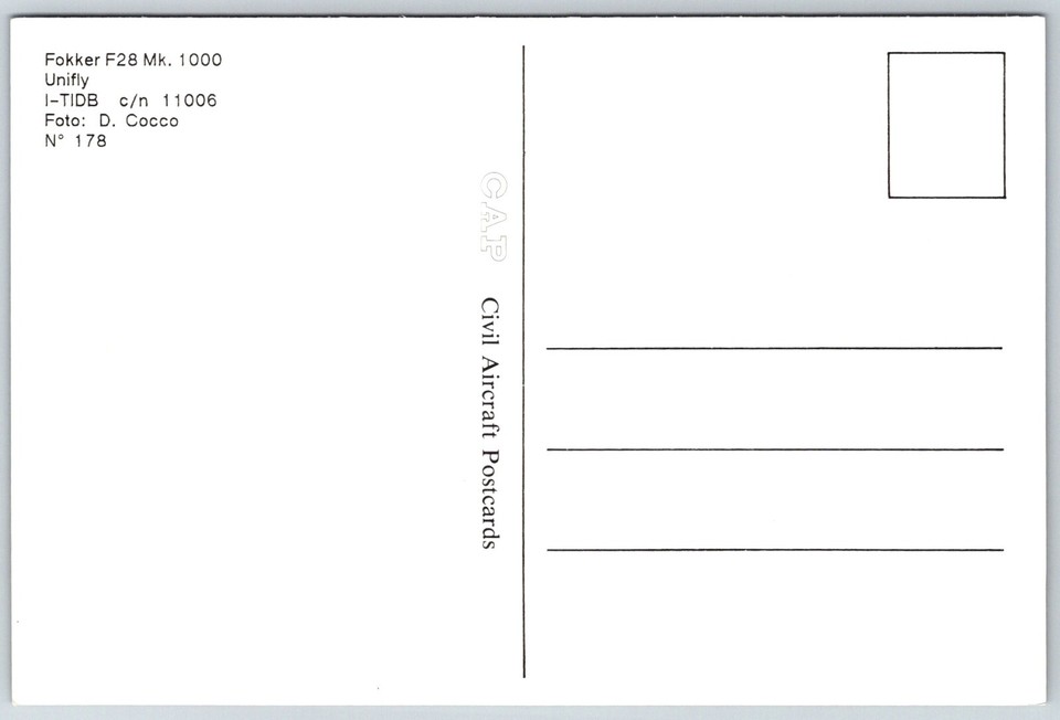 UNIFLY AIRLINES Fokker F28 1000 4X6 Postcard Italy cargo express ...