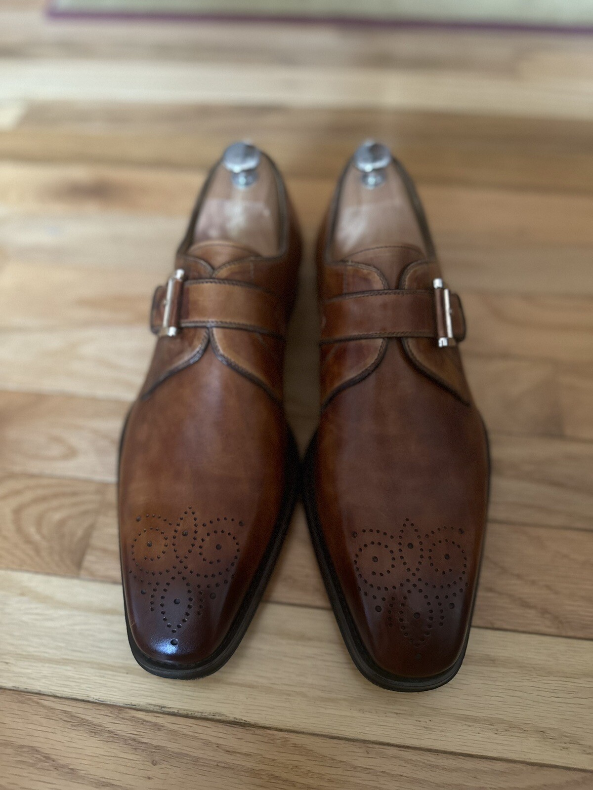 Magnanni Saks Fifth Avenue Brown Perforated Leather Monk Strap Loafers ...