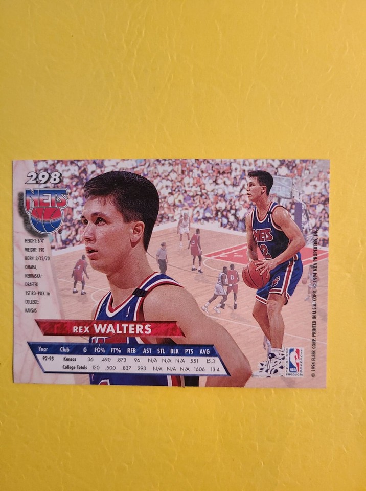 1993-94 FLEER ULTRA REX WALTERS ROOKIE CARD # 298 NEW JERSEY NETS ...