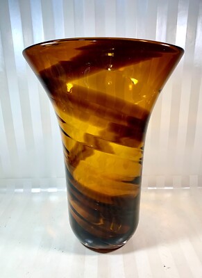 Large Art Glass Vase Amber Gold Swirl Design Thing Cylindrical Shape ...