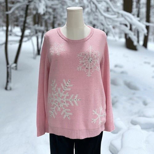 Pink Snowflake Sequin Sweater Womens XL Winter Holiday Christmas Cozy ...