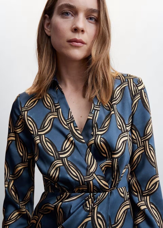 Mango Chain Geo Print Satin Wrap Detail Shirt Straight MIDI Dress Blue ...