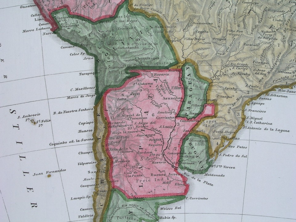 1850 NICE ORIGINAL MAP BOLIVIA ARGENTINA CHILE PERU COLOMBIA PATAGONIA ...
