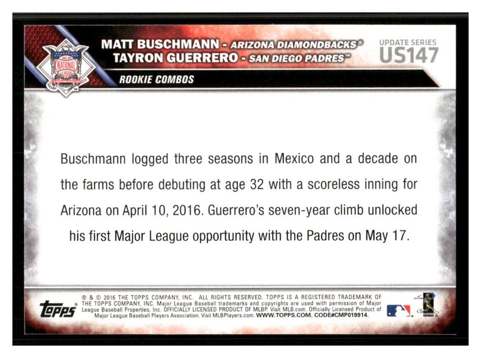 2016 Topps Update #US147 Matt Buschmann / Tayron Guerrero Baseball Card ...