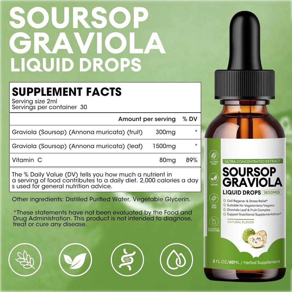 100% Pure Graviola Soursop Liquid Drops 1800mg Fruit & Leaf Herbal ...