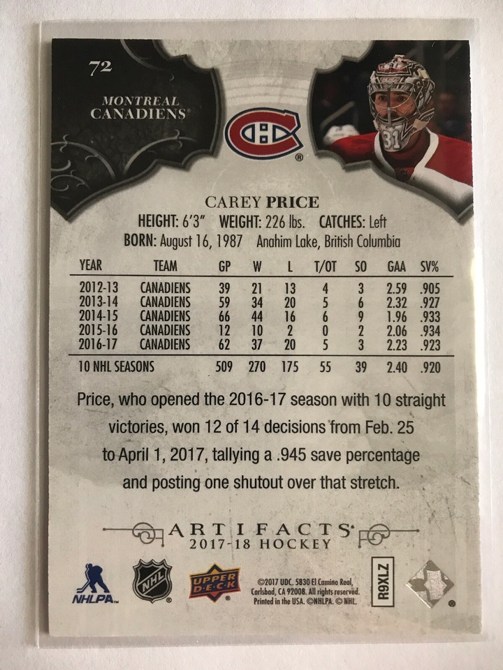 2017-18 Artifacts Ruby #72 Carey Price /299 | eBay
