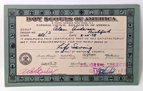 VTG 1938 BSA Boy Scouts of America Life Saving Merit Badge Certificate ...