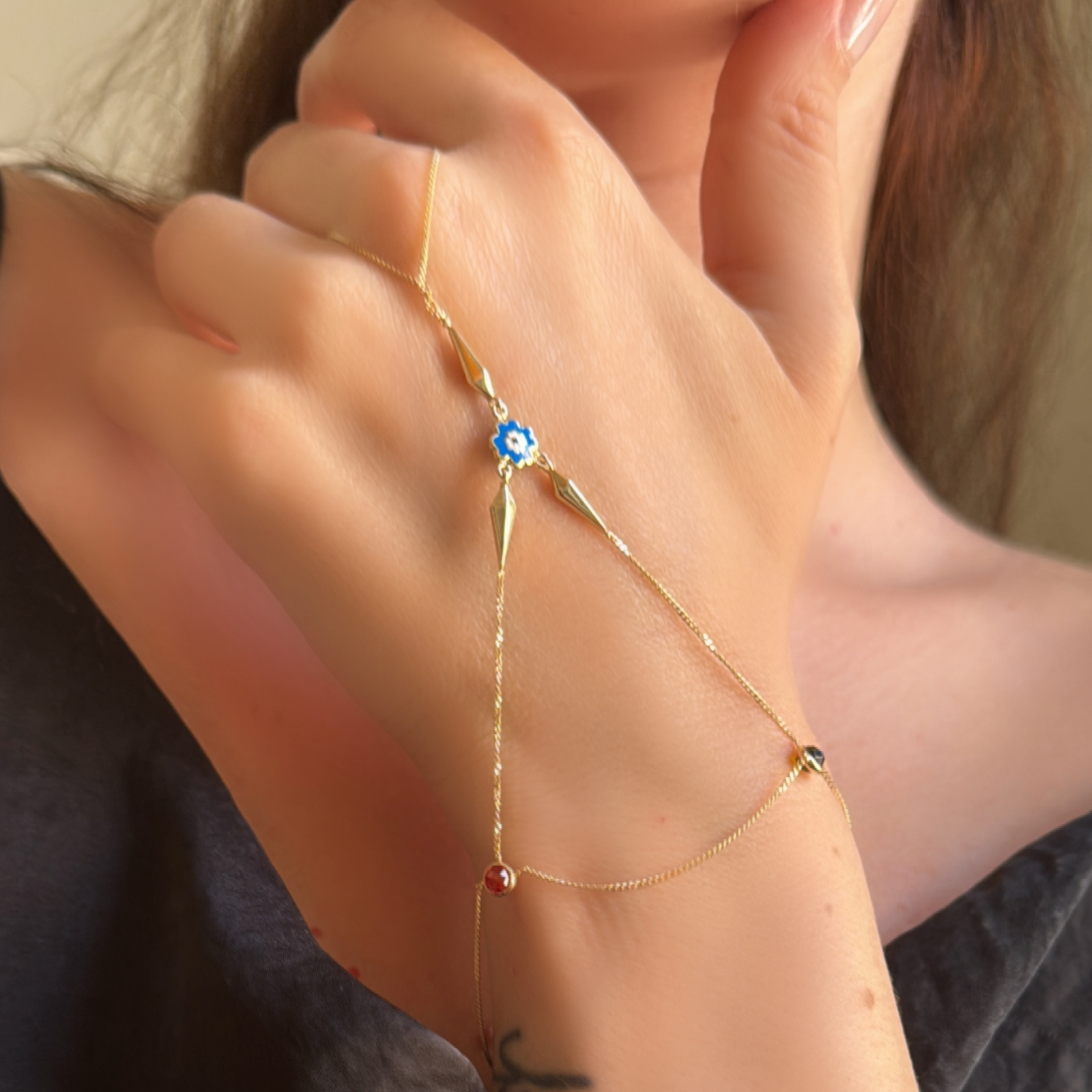 Enamel Clover W/ Birthstone Hand Chain Bracelet- Boho Hand chain For ...