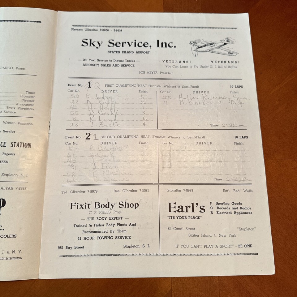 Vintage Midget Race Program, Thompson Speedway, Staten Island, Bob ...