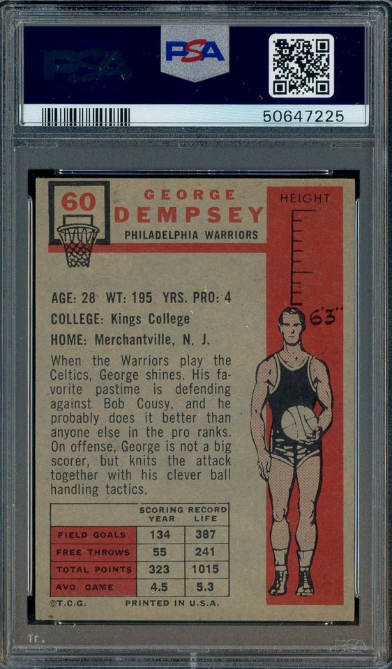 1957 Topps Basketball #60 George Dempsey Philadelphia Warriors RC ...