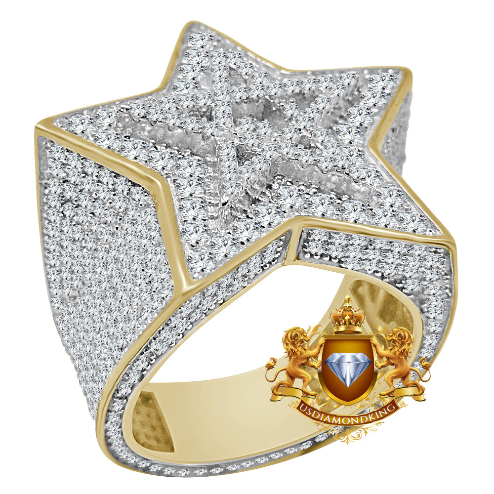 Big Bold Real Yellow Gold Sterling Silver Simulated Diamond Star Shape ...