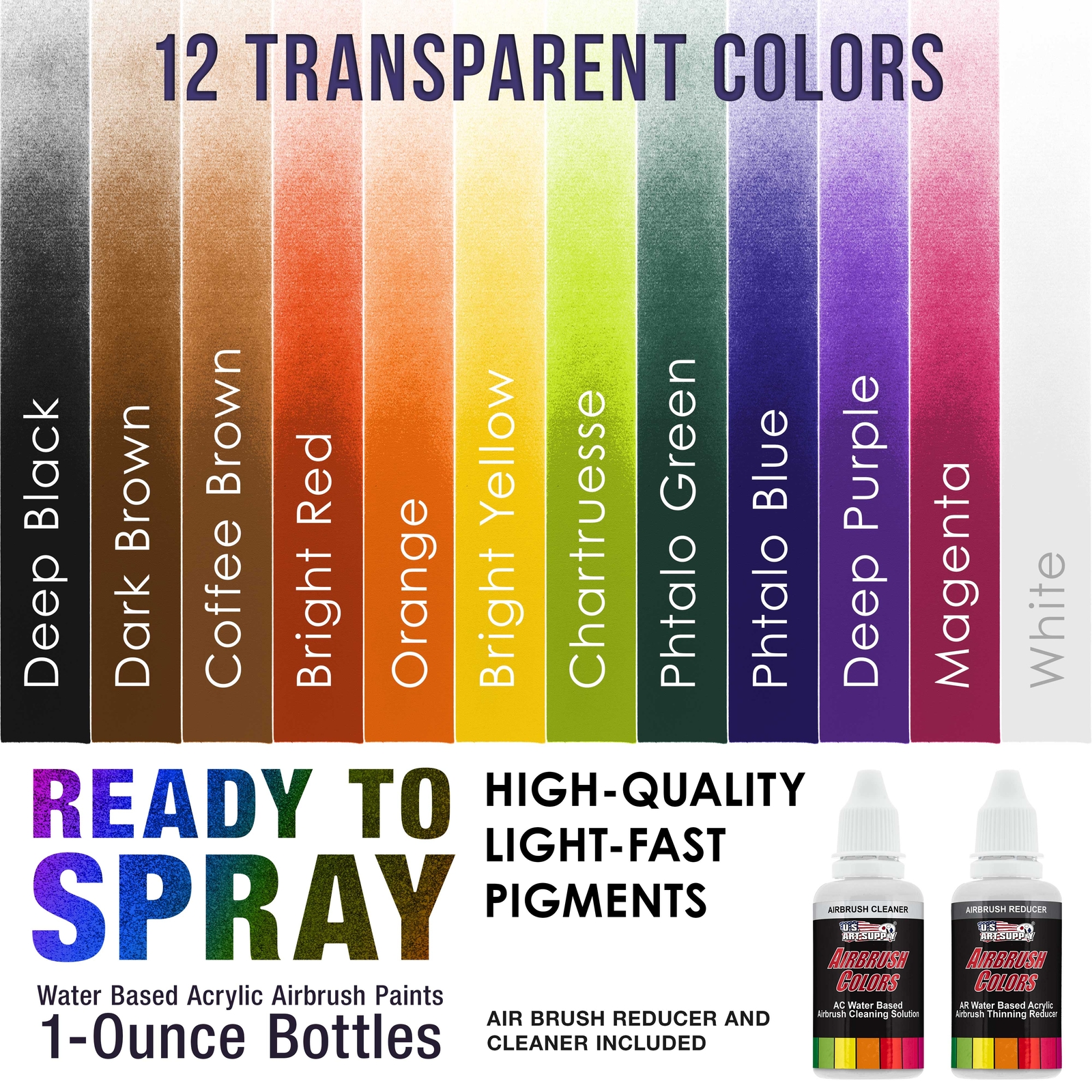 U.S. Art Supply 12 Color 1oz Transparent AIRBRUSH Paint Set w Cleaner ...