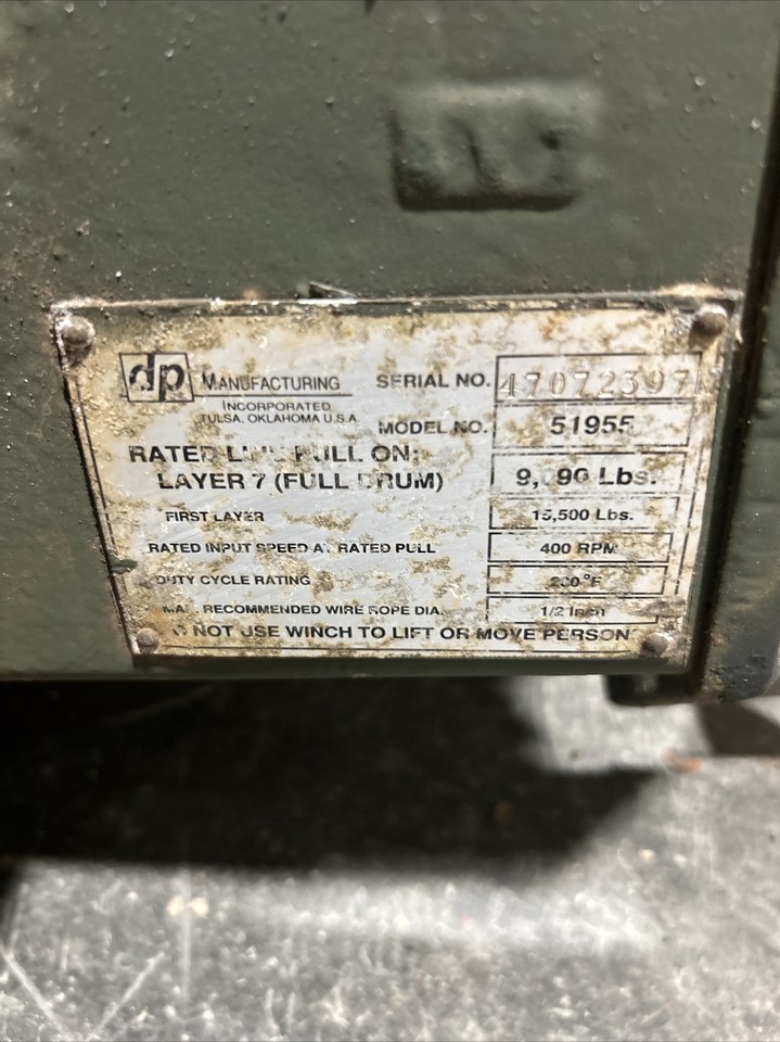 dp Winch Model 51955, 15,000# FMTV LMTV M1078 Works Great! W/ Solenoid ...