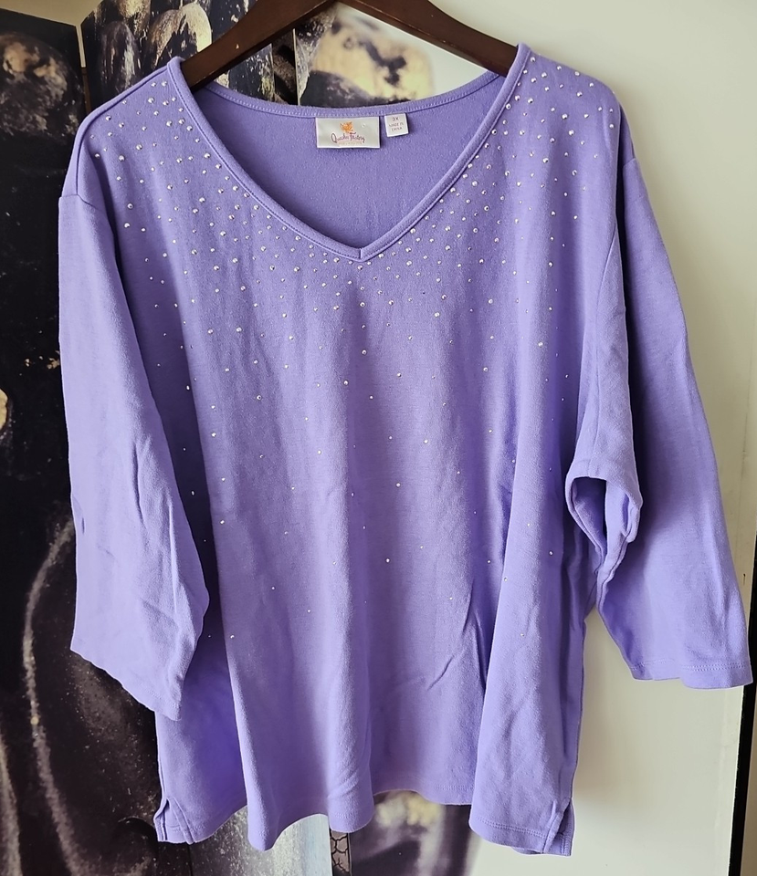 QUACKER FACTORY Purple 3/4 Sleeve Top Shirt Rhinestone V Neckline Size ...