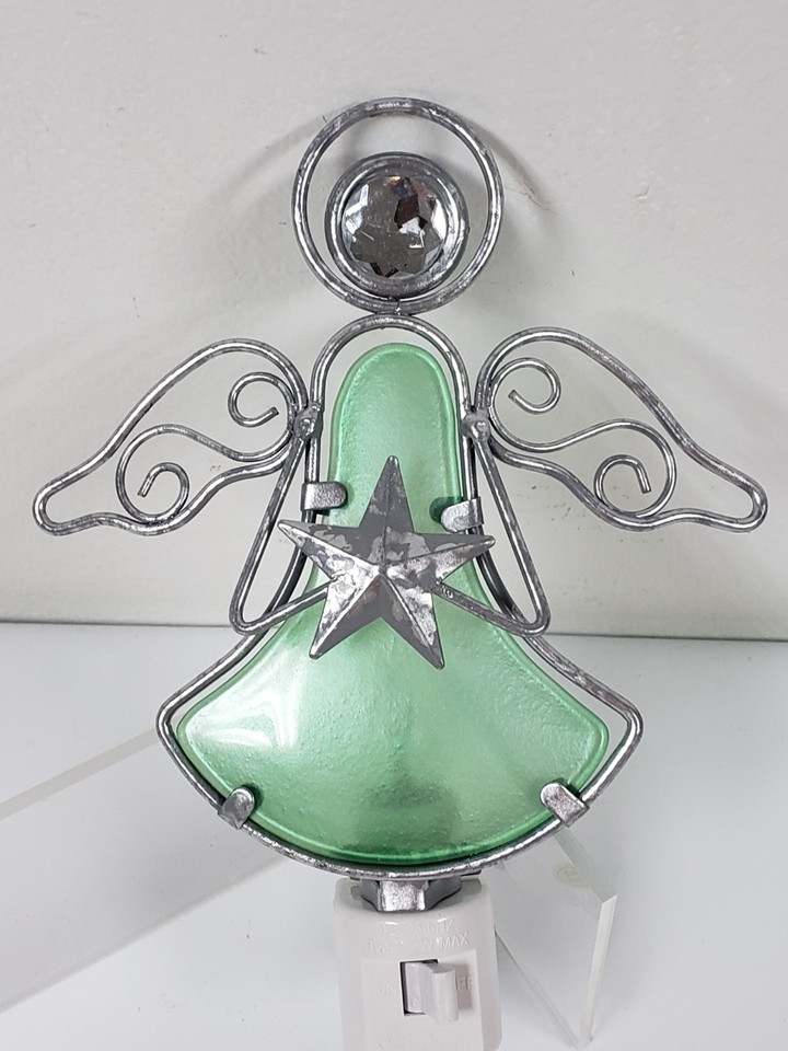 Glass Metal Angel Night Light Plug In green Glass works 7.5in high | eBay