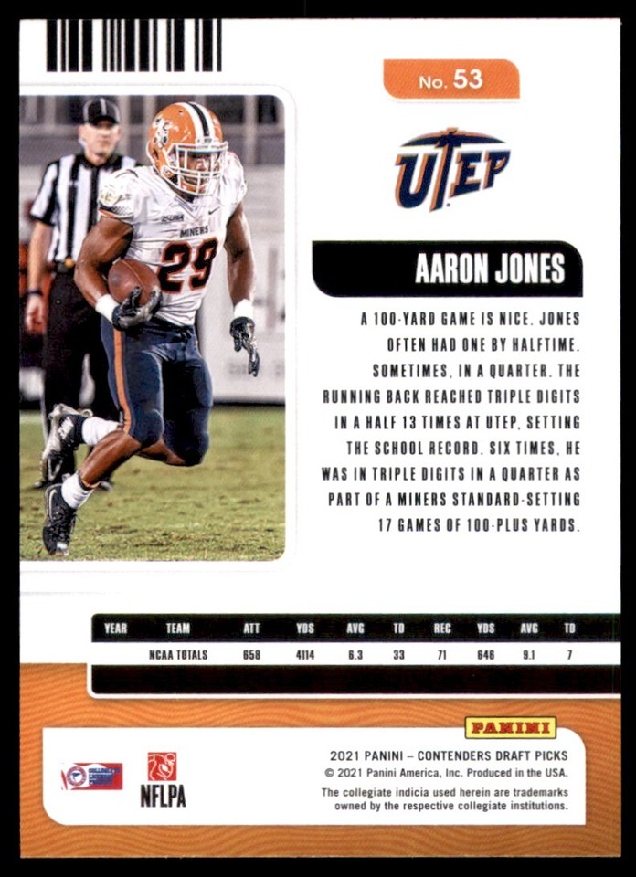 2021 Panini Contenders Draft Picks Aaron Jones UTEP Miners #53 152189 ...