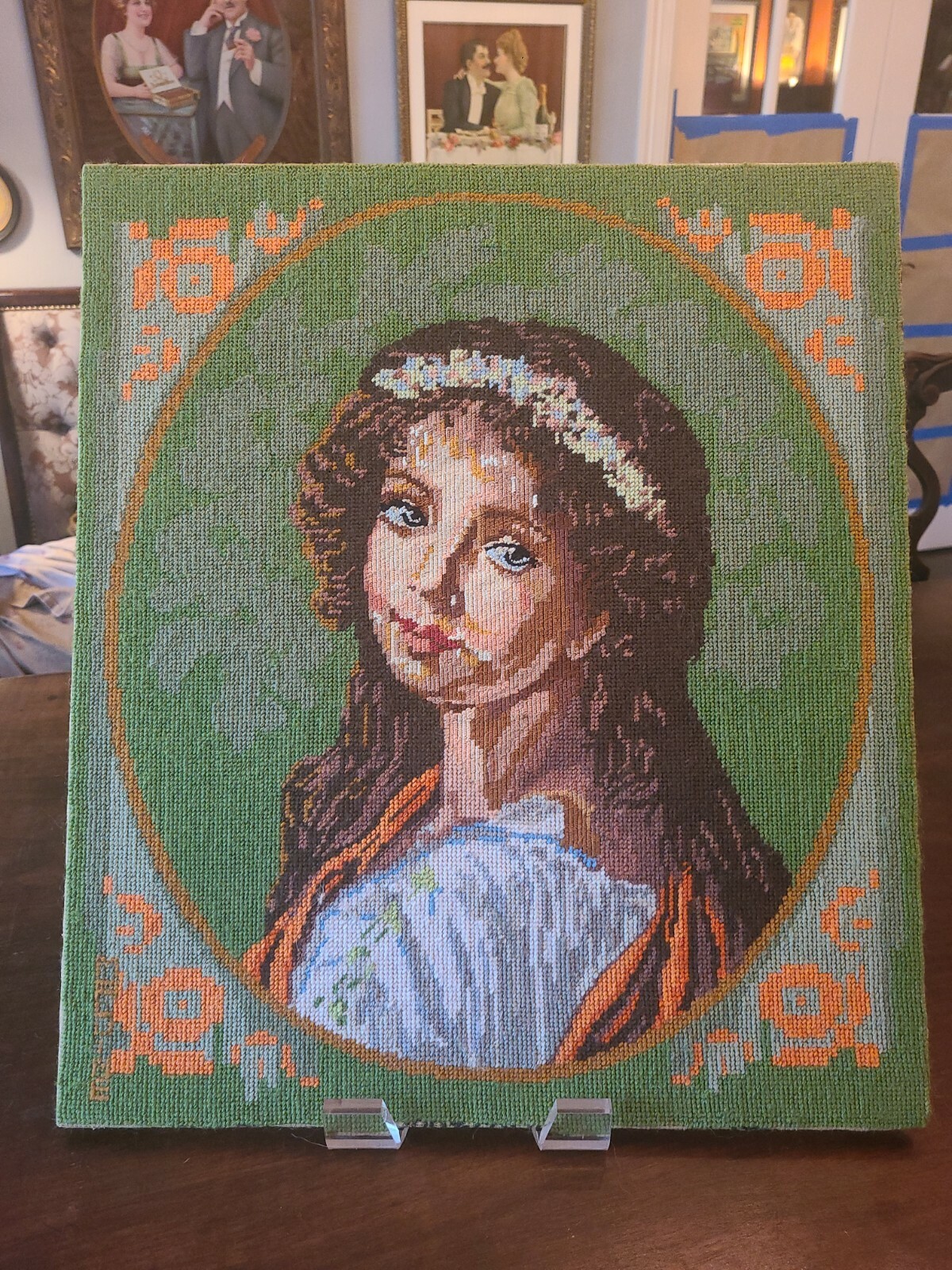 Vintage Handmade Finished Needlepoint Artwork Woman GREEK GODDESS 17" X ...