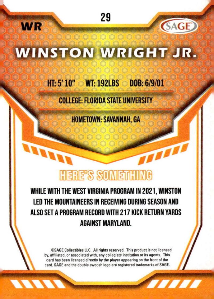 WINSTON WRIGHT JR. RC 2024 SAGE Hit Low Series #29 ROOKIE NCAA NFL ID ...