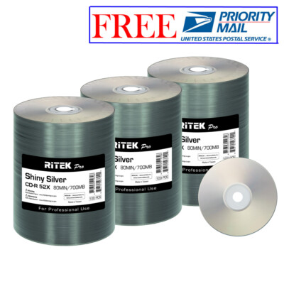 300 Pack Ritek Pro CD-R 52X 700MB Shiny Silver Lacquer Blank Recordable ...