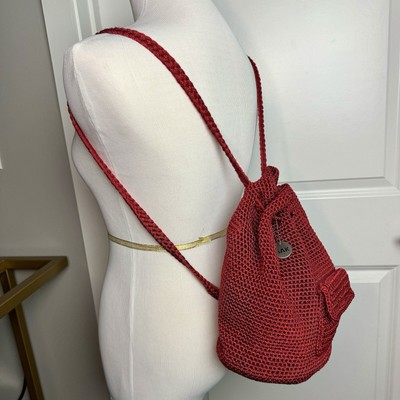VTG The Sak Red Crochet Drawstring Backpack Knit EUC School Shoulder ...