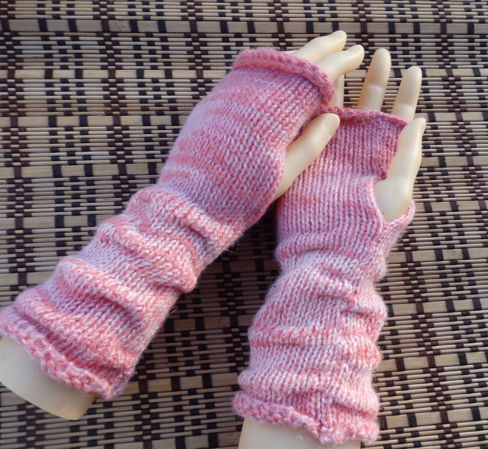 Knitted pink arm warmers, size M women fingerless gloves, angora ...