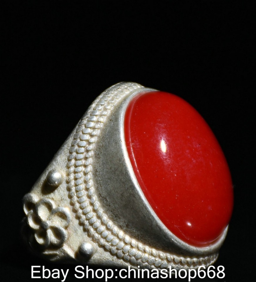 2.5CM Old China Miao Silver Red Gems Carving Dynasty Palace Flower Hand ...