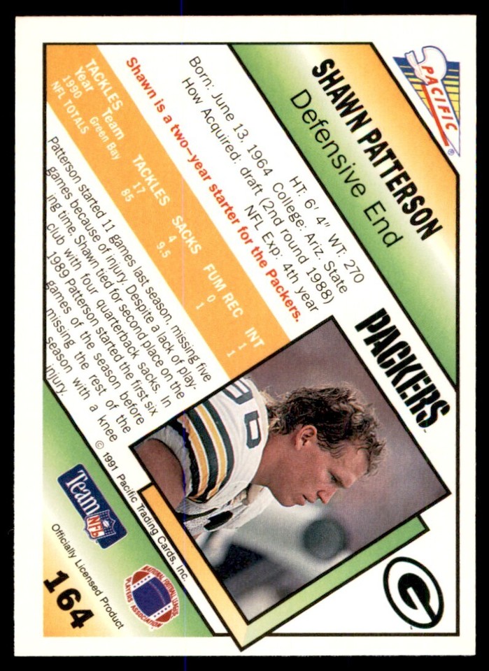 1991 Pacific Shawn Patterson Rookie . Green Bay Packers #164 | eBay