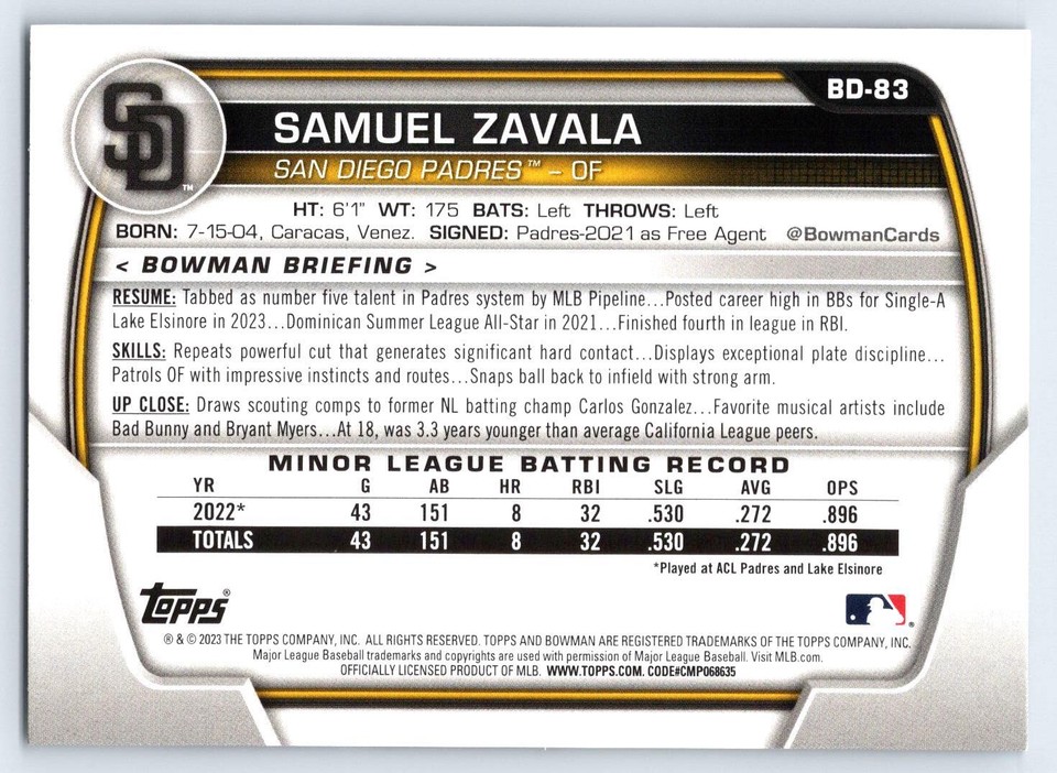2023 Bowman Draft #BD-83 Samuel Zavala San Diego Padres Baseball Card ...