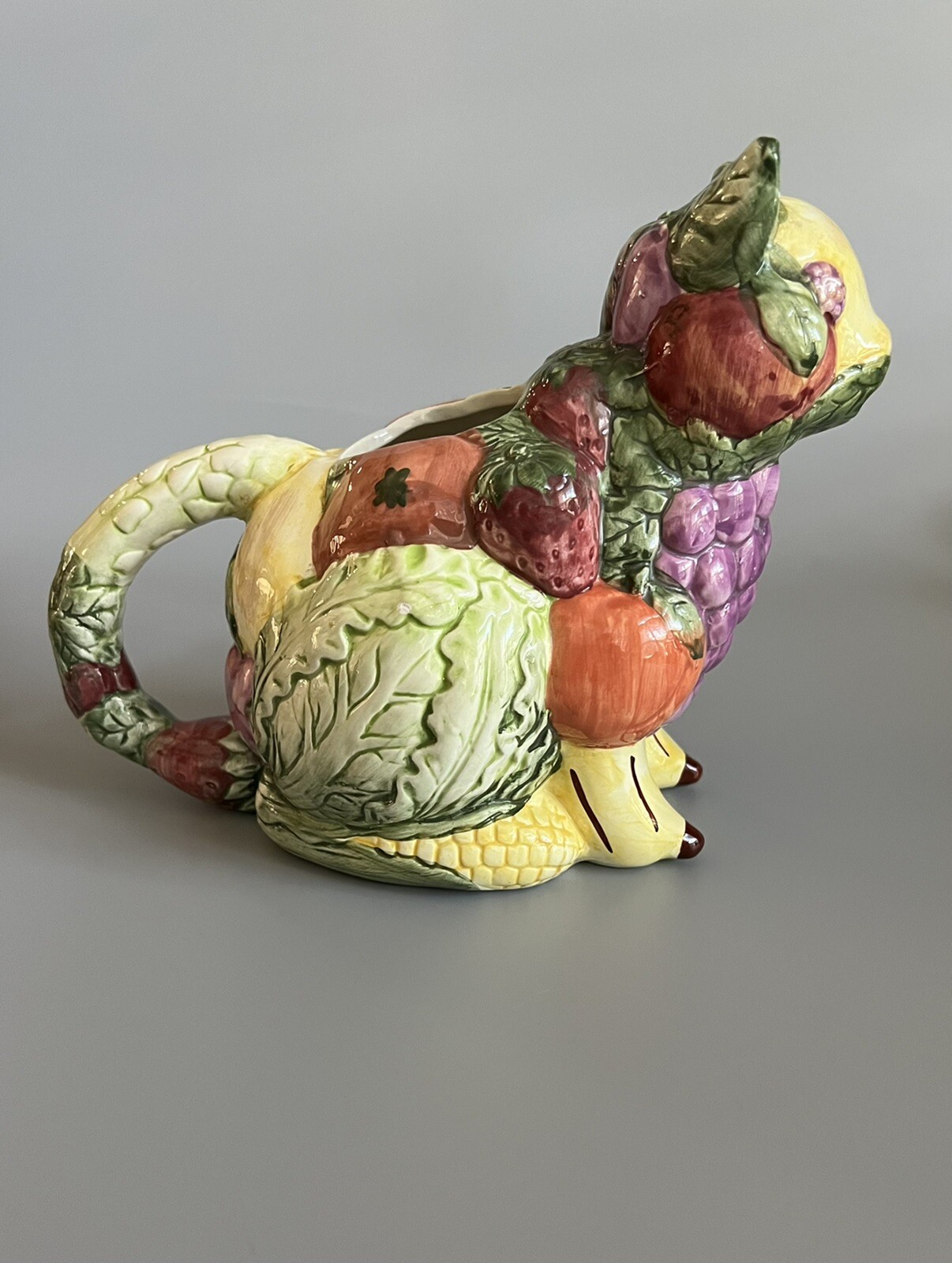 CBK LTD 1992 Vintage Cat Pitcher & vegetables W/ Handle Decorative 6 3/ ...