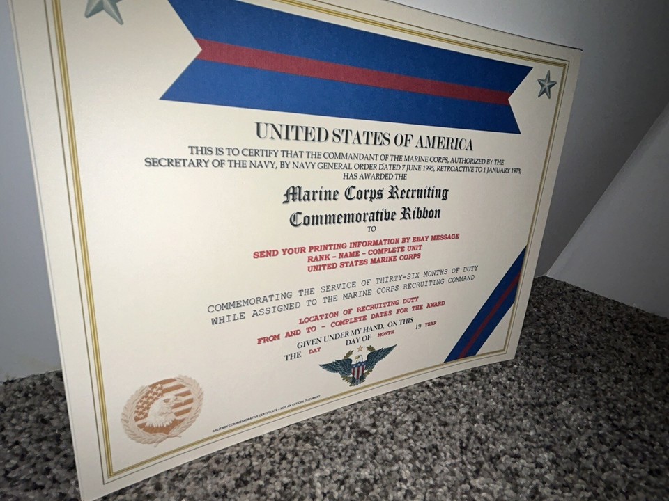 U.S. MARINE CORPS RECRUITING RIBBON COMMEMORATIVE CERTIFICATE ~W ...