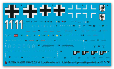 Peddinghaus-Decals 1/72 2312 Fw 190 A-6/R11, 1./NJGr 10, Oblt Fritz ...