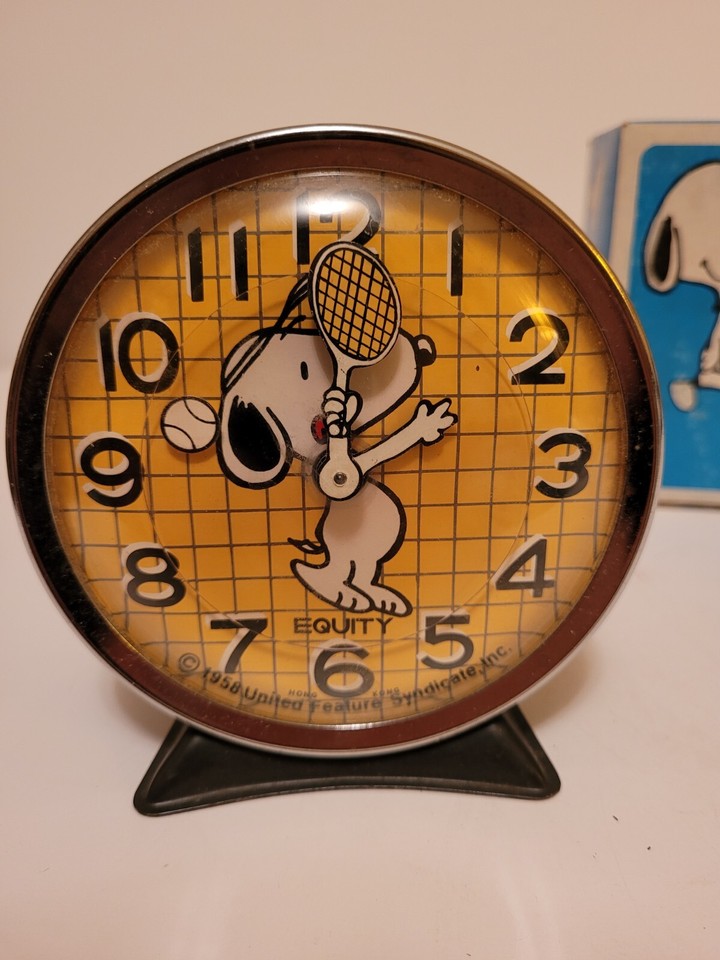 1958 Equity Peanuts Snoopy Playing Tennis Alarm Clock with Original Box ...