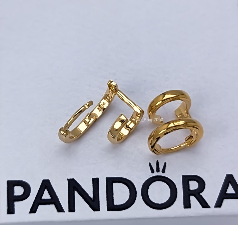 New 100% Authentic PANDORA 14K Gold Plated Double Huggie Hoop Earrings ...