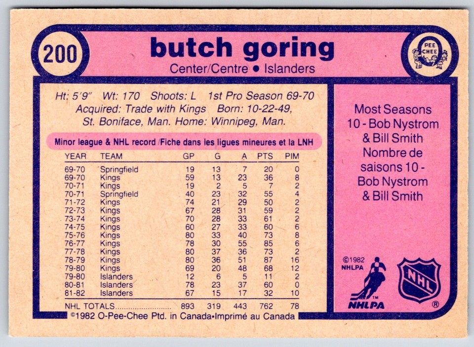 BUTCH GORING 1982-83 O-PEE-CHEE 82-83 NO 200 NRMINT+ 38520 | eBay