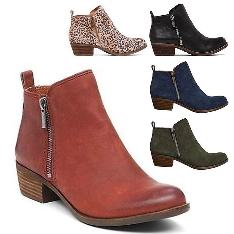 Casual Booties Women's Low Heels Block Ankle Boots Round Toe Shoes Up ...