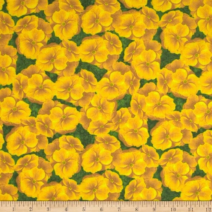 Primrose Path Orange Primrose Flowers On Green Cotton Fabric by Yard ...