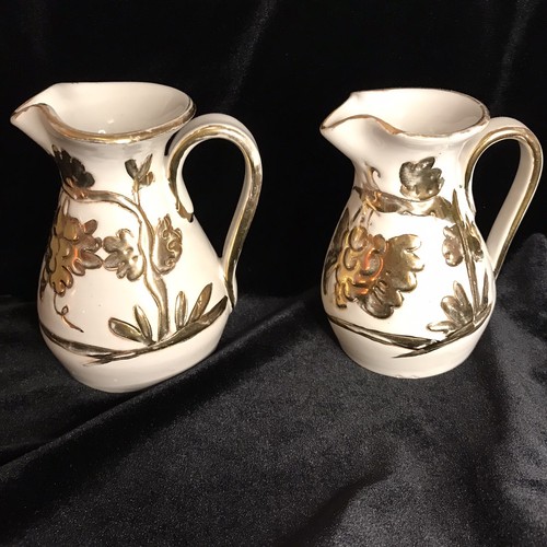 Lot of 2 white & gold floral handmade stoneware small pitchers Made in ...