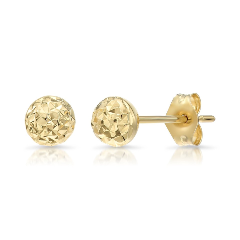 14K Real Solid Yellow Gold Diamond-Cut Round Ball Stud Push-back ...
