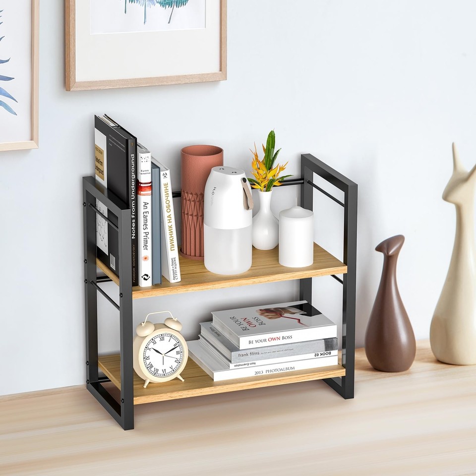 Office Desk Shelf Organizer, Wood Desktop Bookshelf Supplies Storage ...